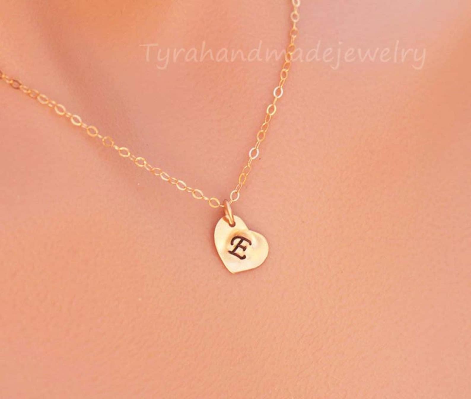 Heart Initial Necklace,tiny Initial Heart Tag,hand Stamped,custom Font ...
