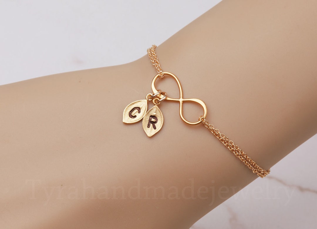 Gold Infinity Initial Bracelet,14k Gold Filled,leaf Initial,couple ...