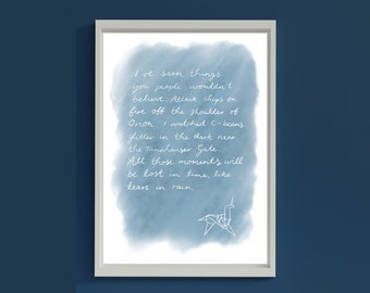 Blade Runner Movie Inspired tears in Rain Monologue Poster Roy Batty C ...