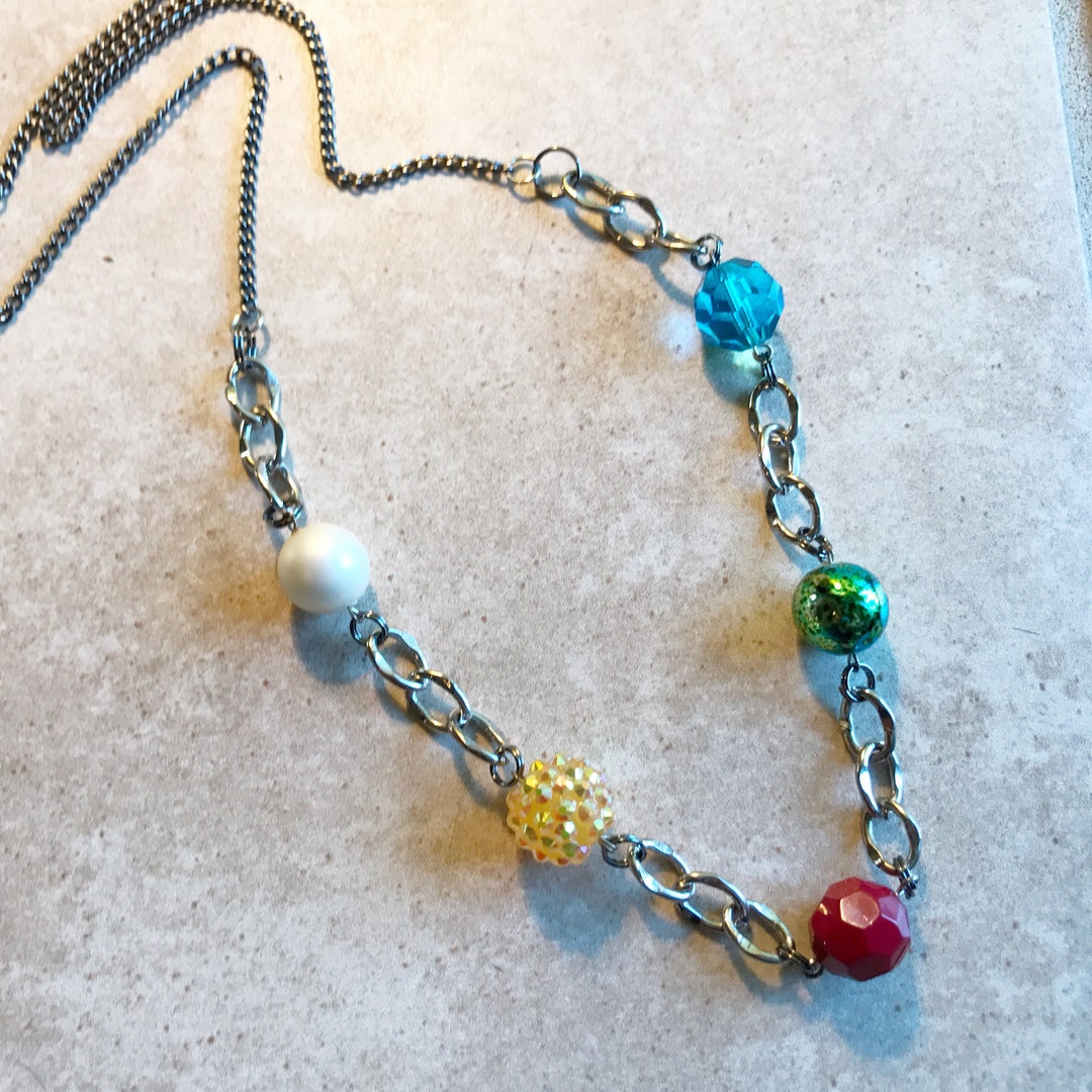 Rainbow Multicolor Beaded Necklace Silver Chain Bright Jewelry - Etsy