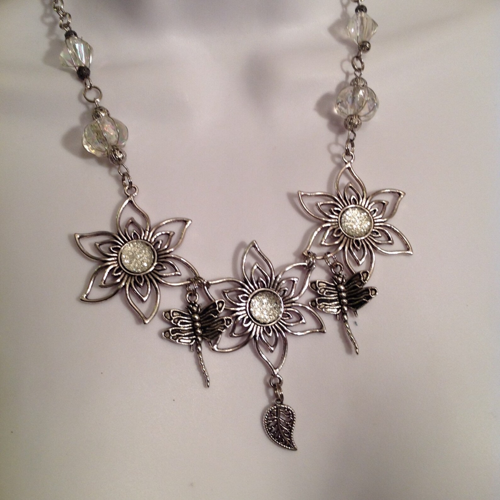 Silver flower pendant necklace // spring necklace // dragonfly | Etsy