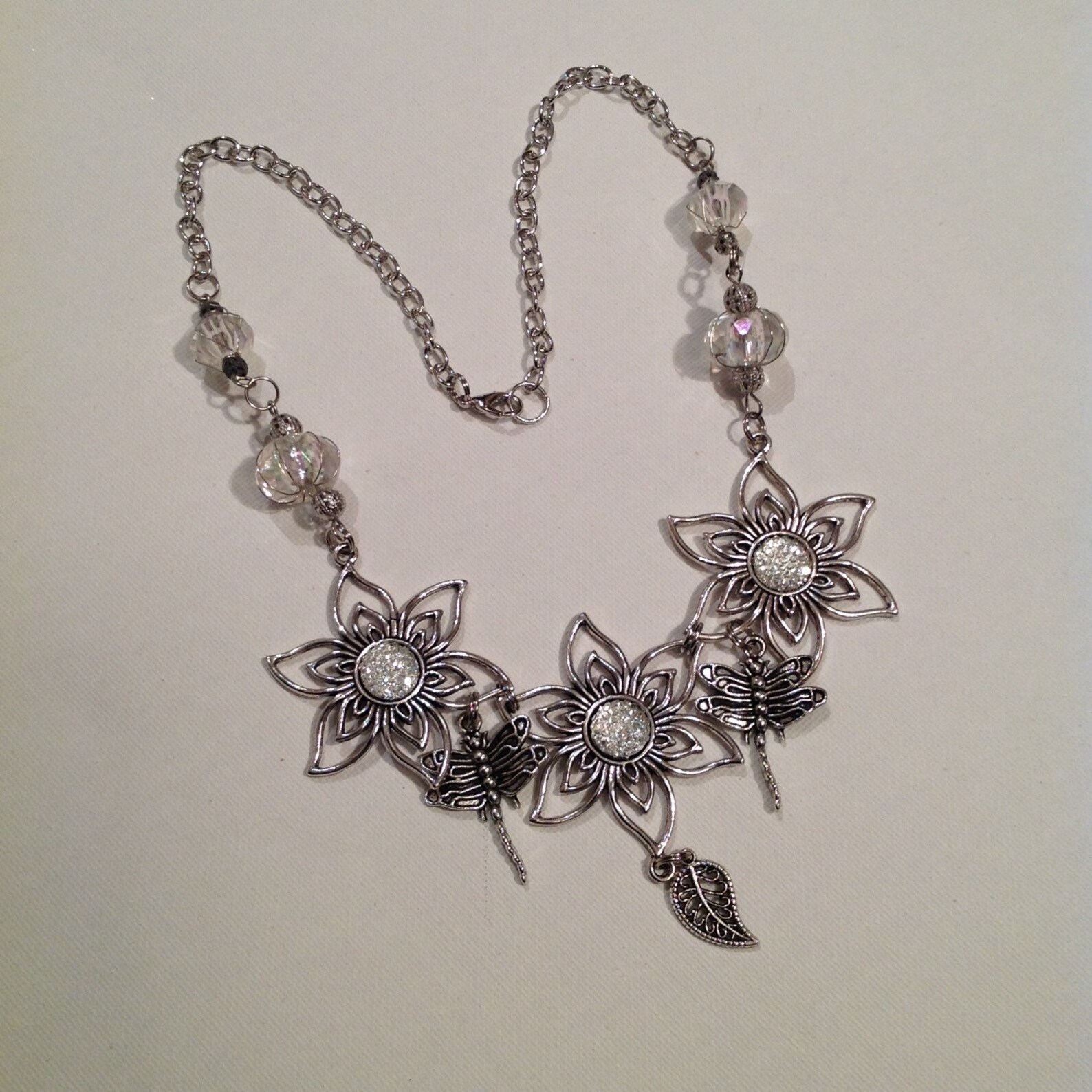 Silver flower pendant necklace // spring necklace // dragonfly | Etsy