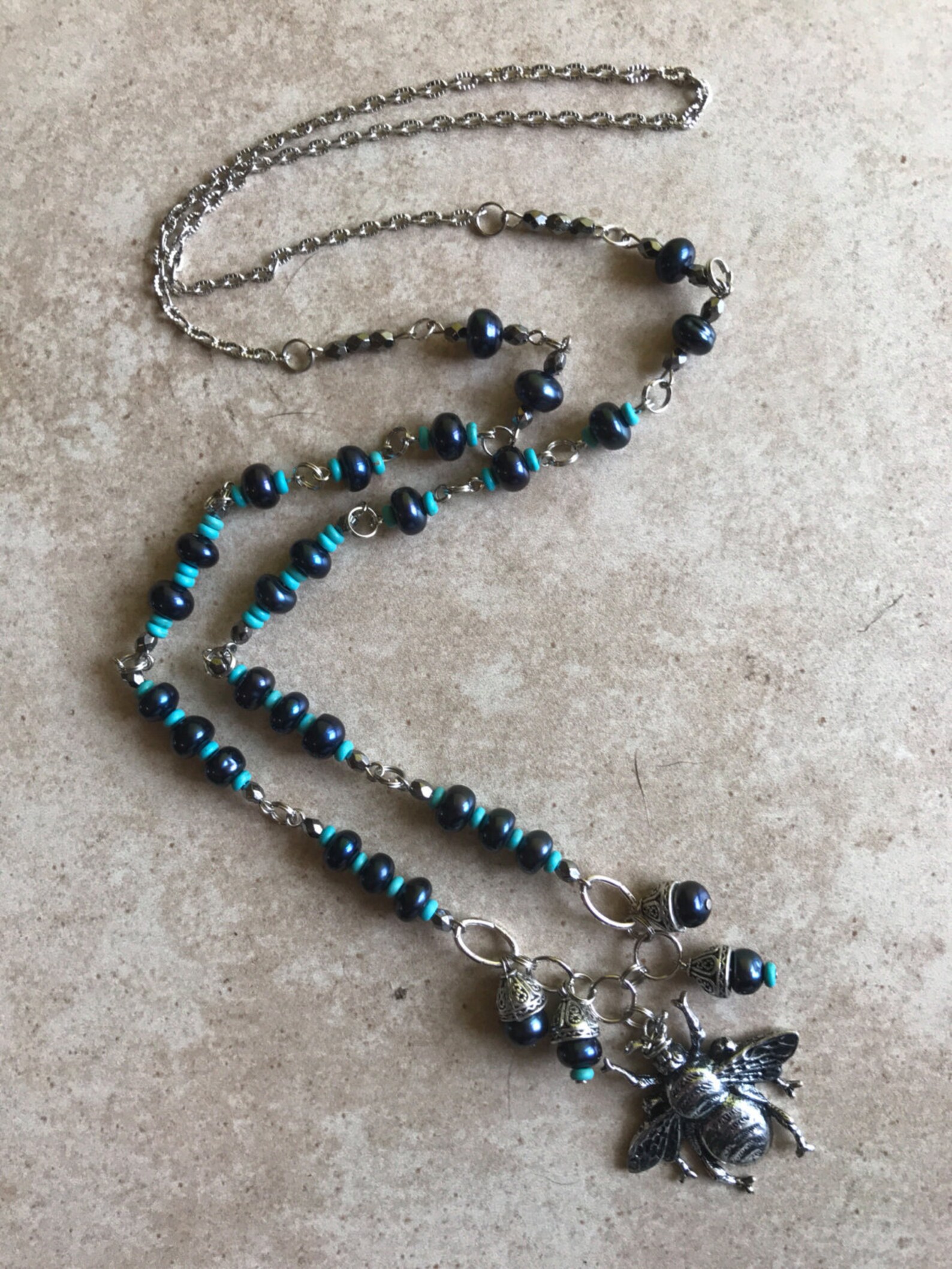Blue Pearl Scarab Necklace // Long Necklace With Insect Pendant ...