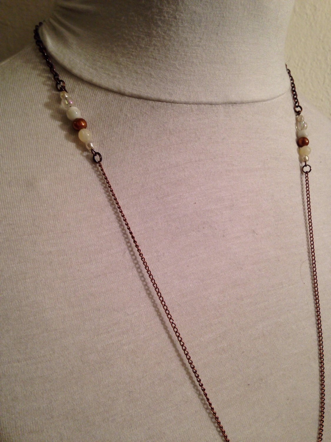 Long Dangle Necklace Beige Beads and Copper Chain // Boho Necklace ...
