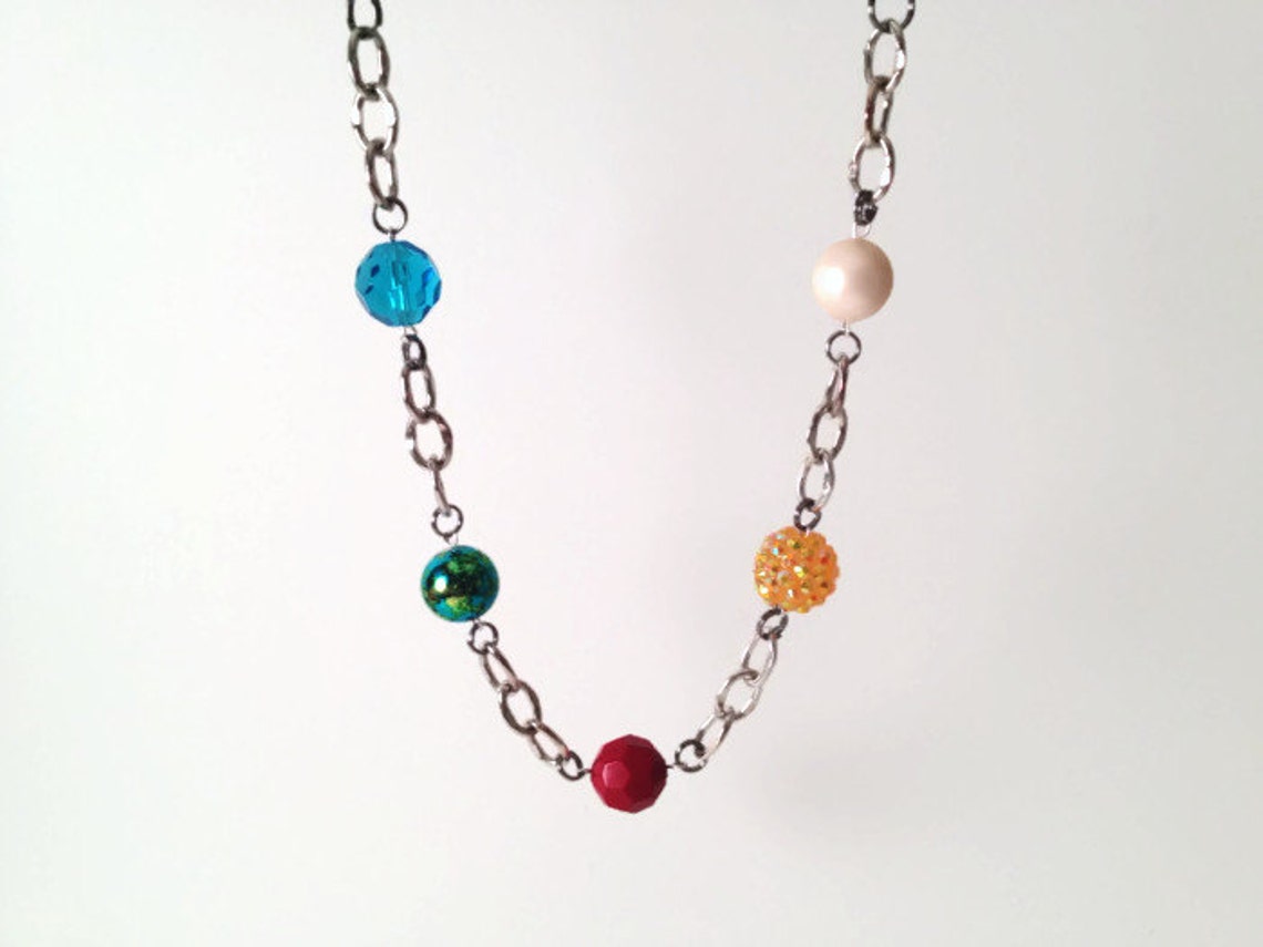 Rainbow Multicolor Beaded Necklace Silver Chain Bright Jewelry - Etsy