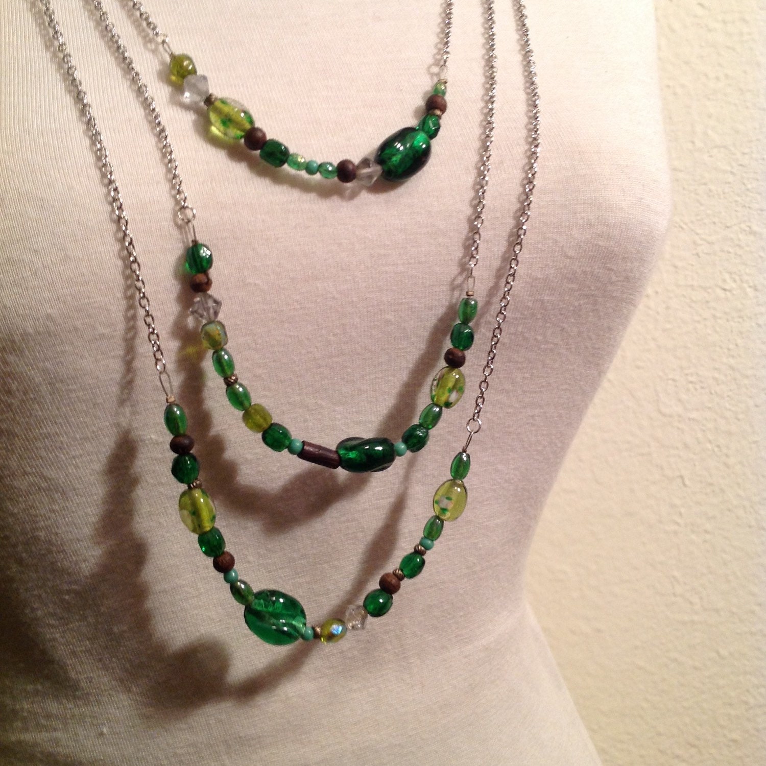 Long Triple Strand Necklace With Green Beading // Multi Tier Necklace ...
