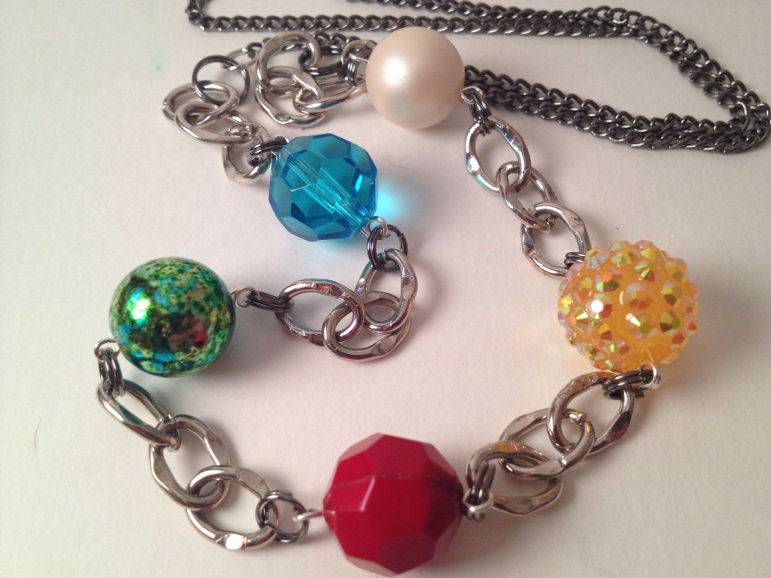 Rainbow Multicolor Beaded Necklace Silver Chain Bright Jewelry - Etsy