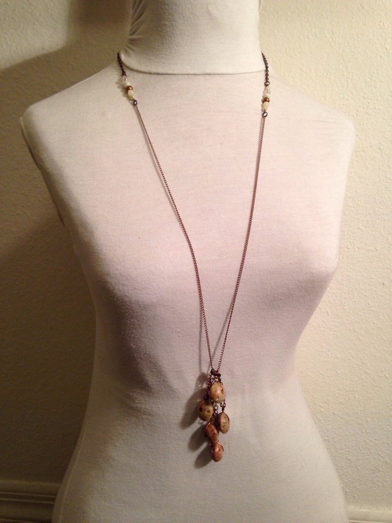 Long Dangle Necklace Beige Beads and Copper Chain // Boho Necklace ...