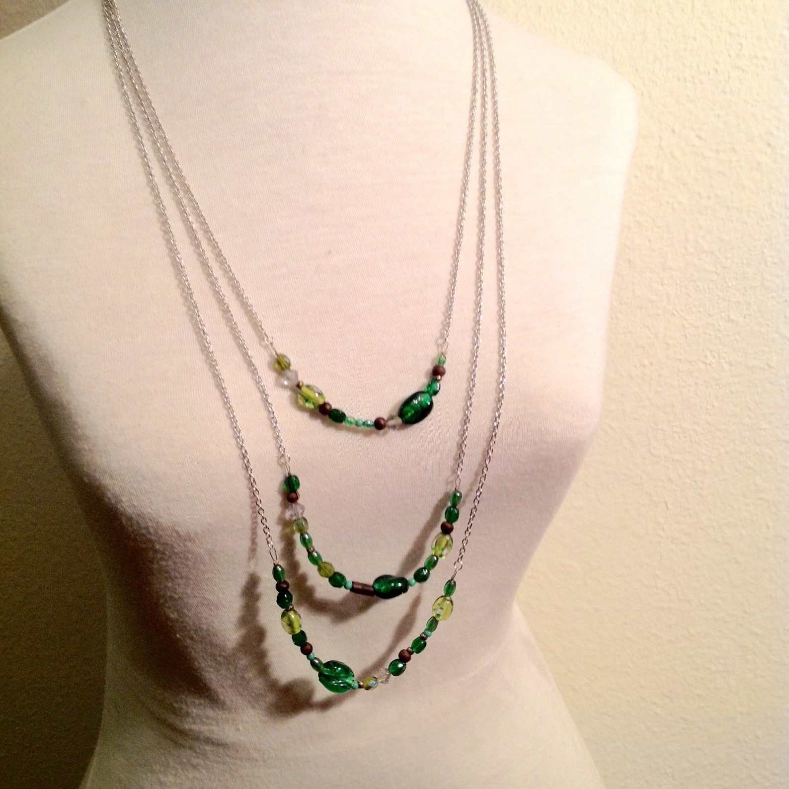 Long Triple Strand Necklace With Green Beading // Multi Tier Necklace ...