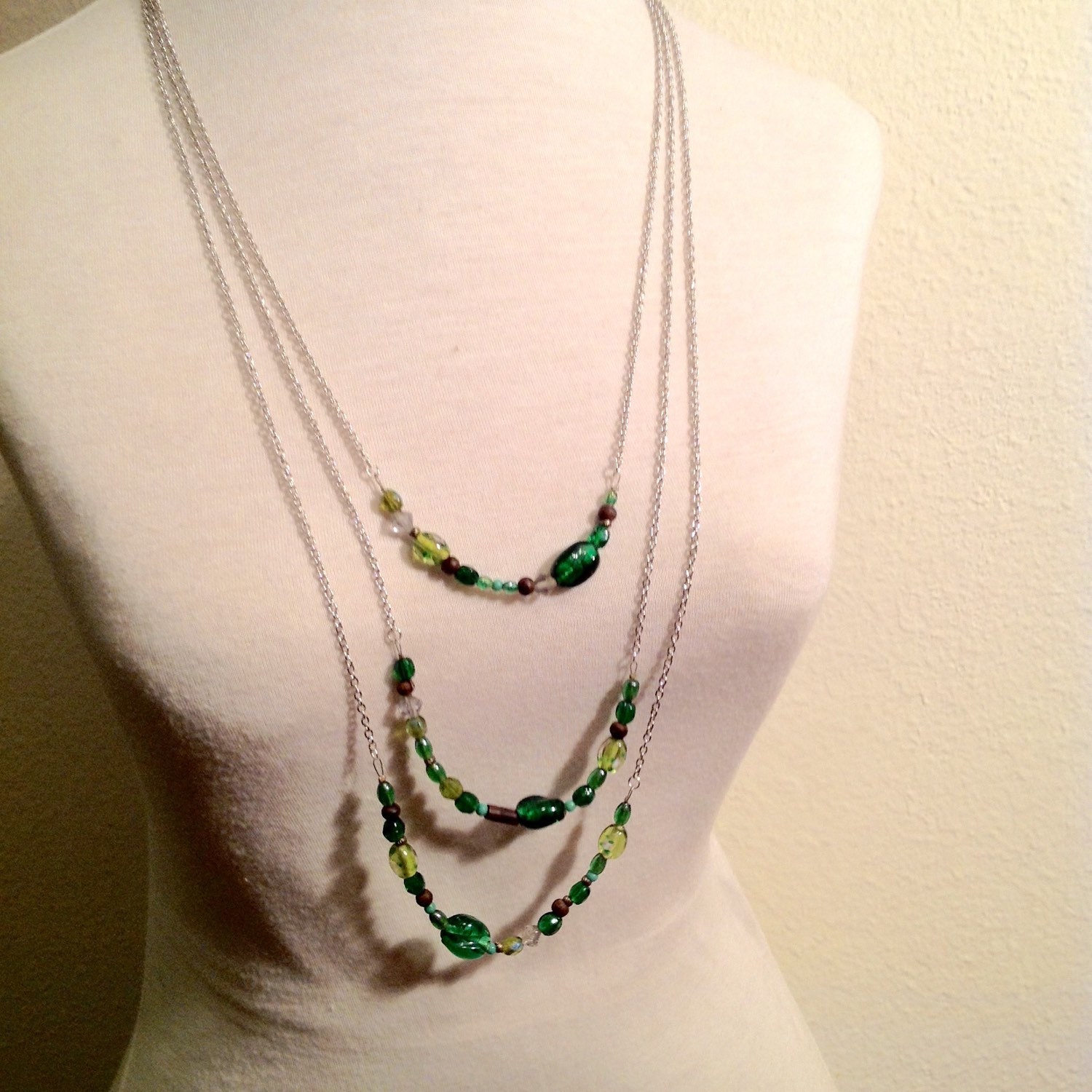 Long Triple Strand Necklace With Green Beading // Multi Tier Necklace ...
