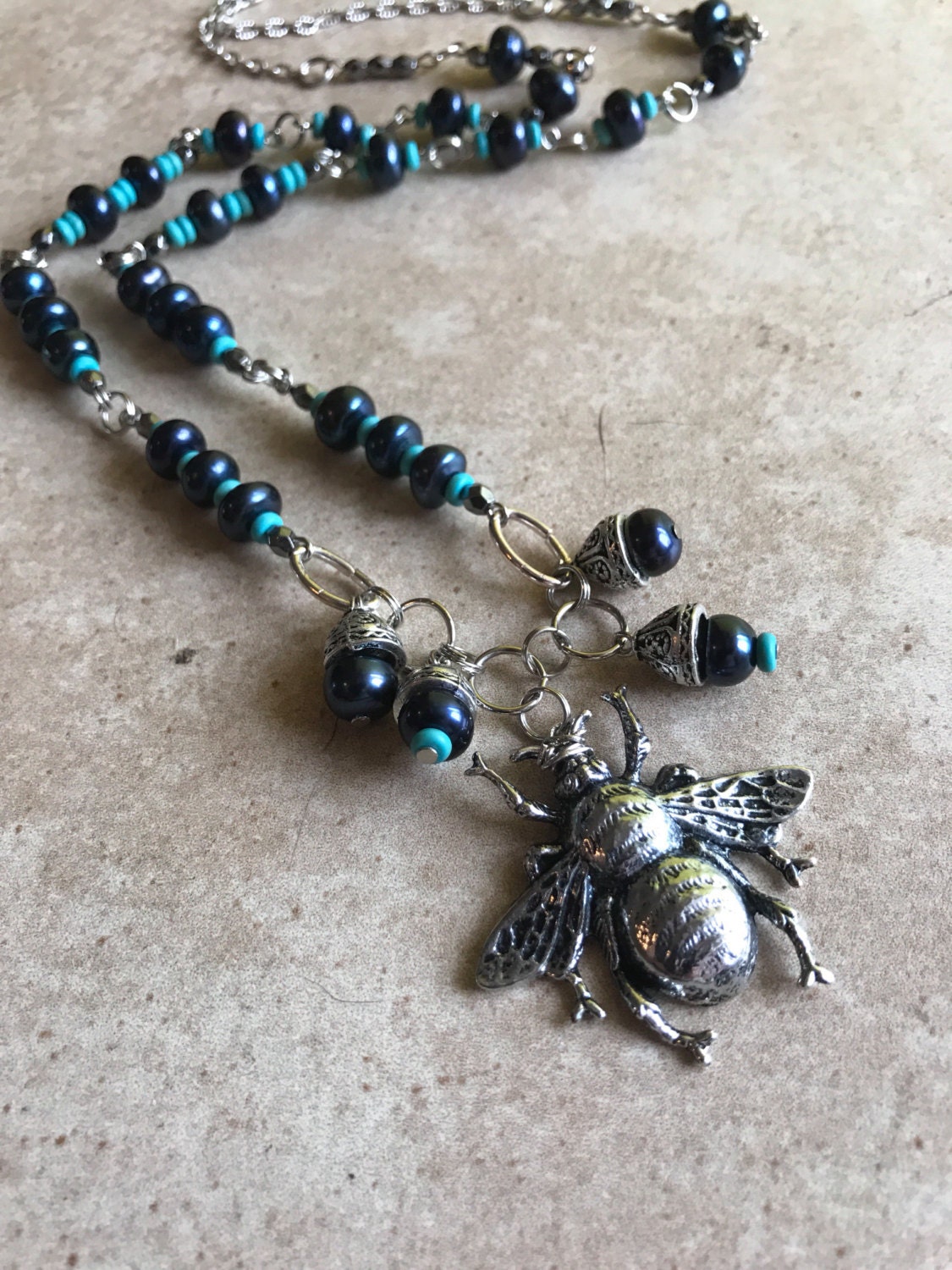 Blue Pearl Scarab Necklace // Long Necklace With Insect Pendant ...