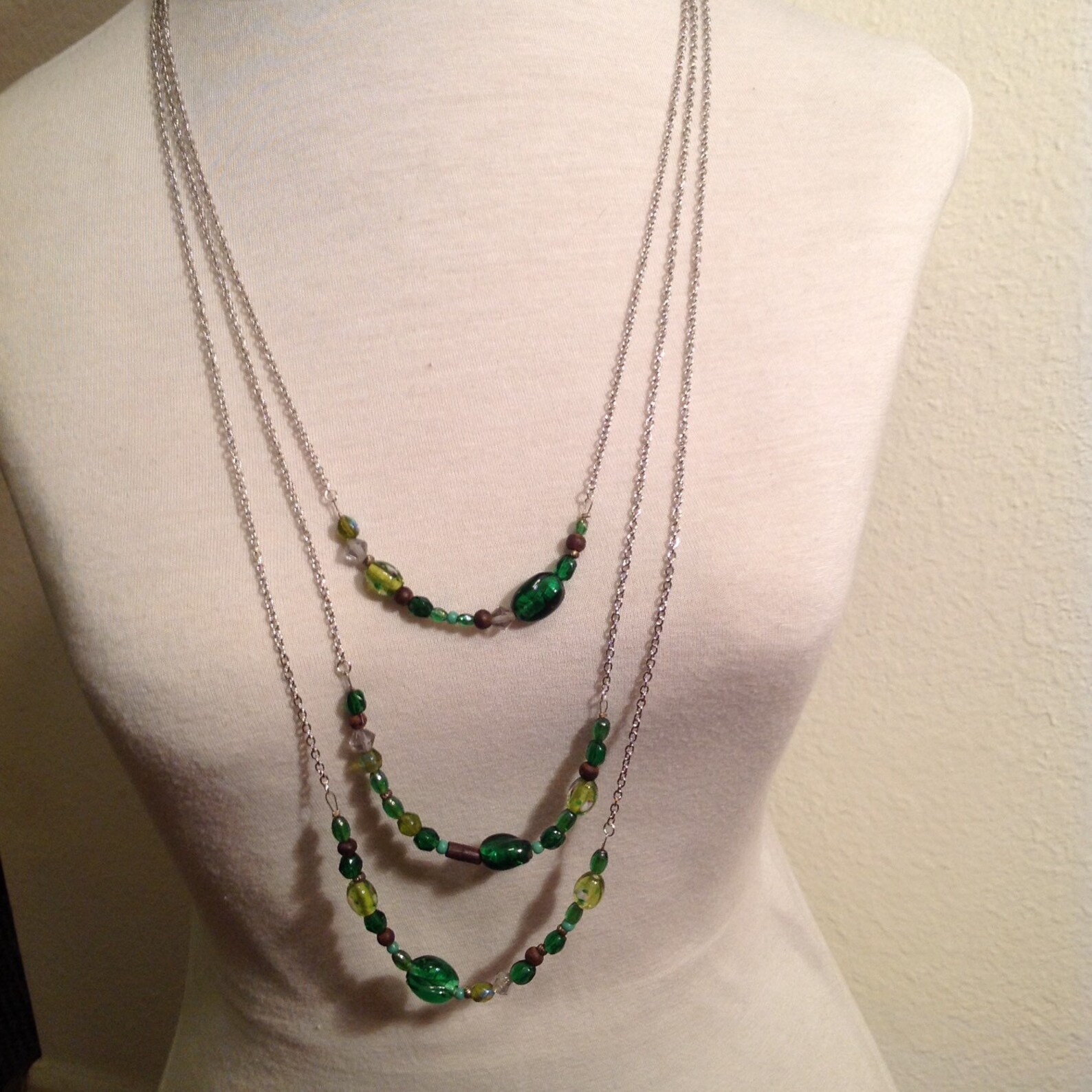 Long Triple Strand Necklace With Green Beading // Multi Tier Necklace ...