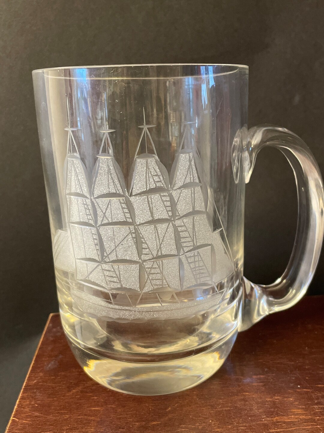 Heavy Etched Clear Glass Ship Nautical Beer Tankard Mug Clipper ...