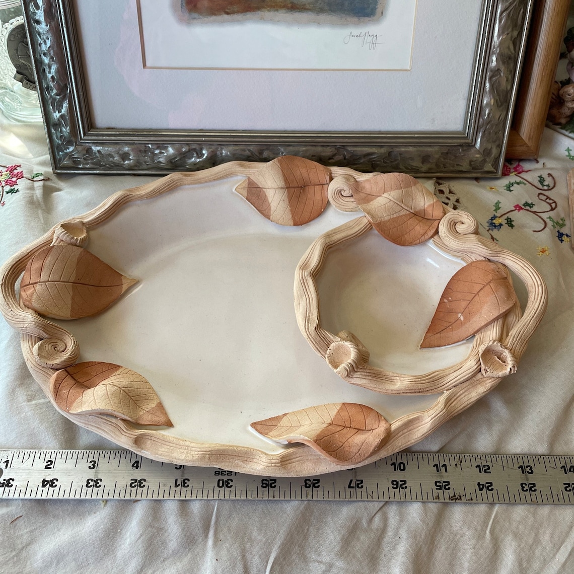 1970s Vtg Brigitte Haag Pottery Clay Platter Bowl Applied Organic ...