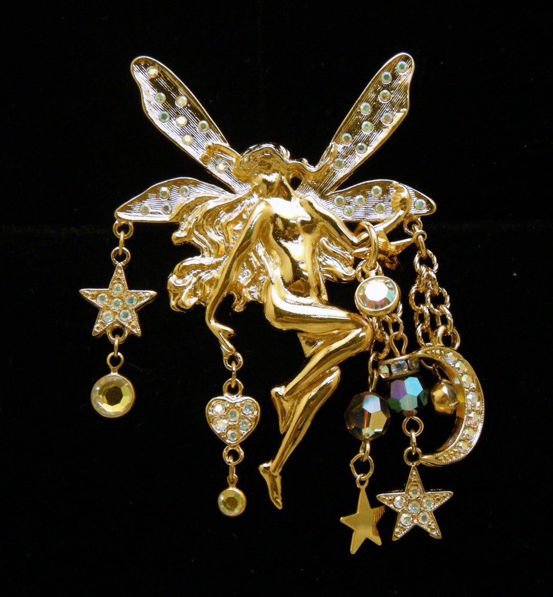 Vintage Kirks Folly Fairy AB Rhinestone Dangle Charms Brooch Gold Tone ...