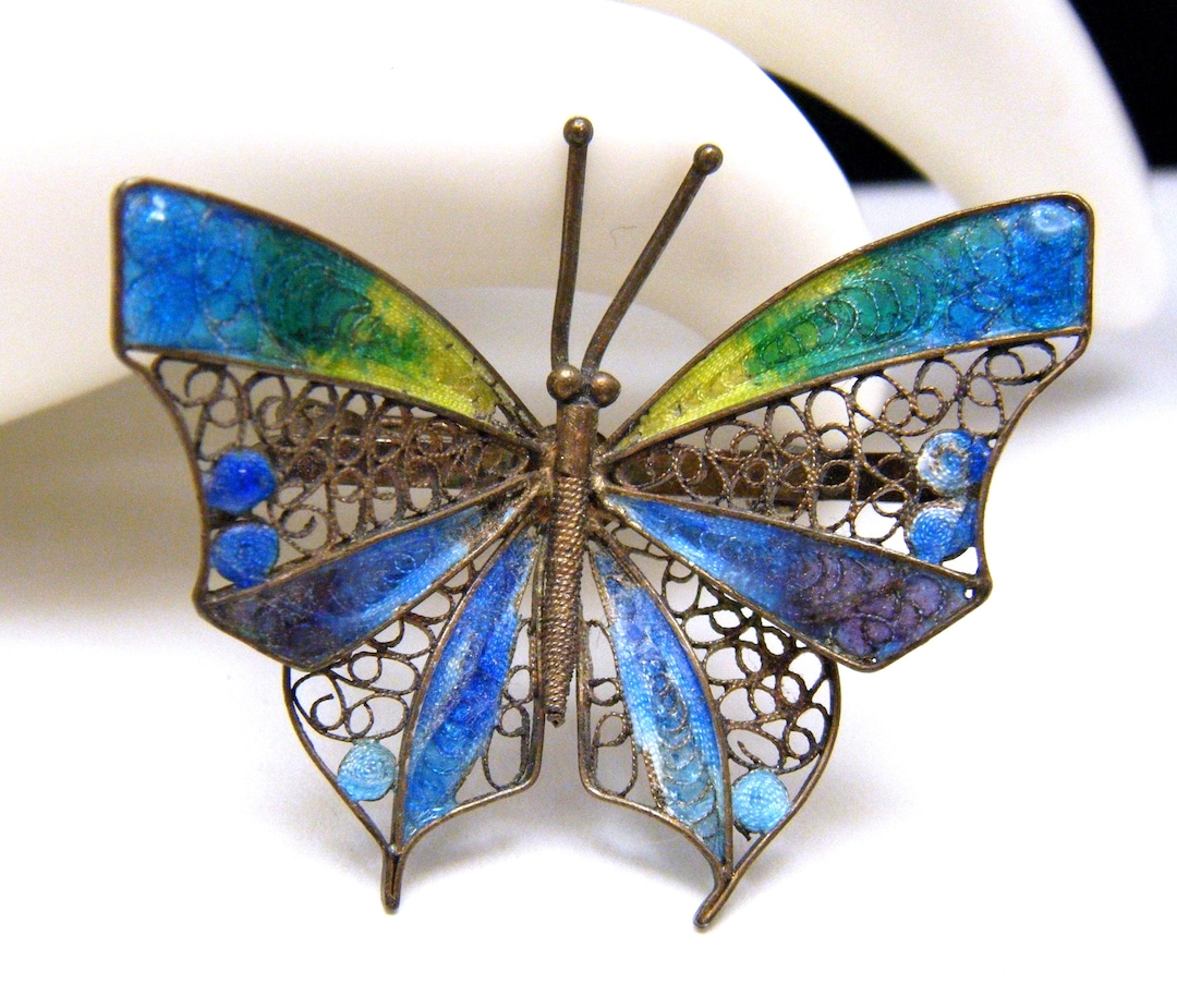 Vintage 800 Silver Enamel Pin Plique A Jour Wire Work Butterfly - Etsy