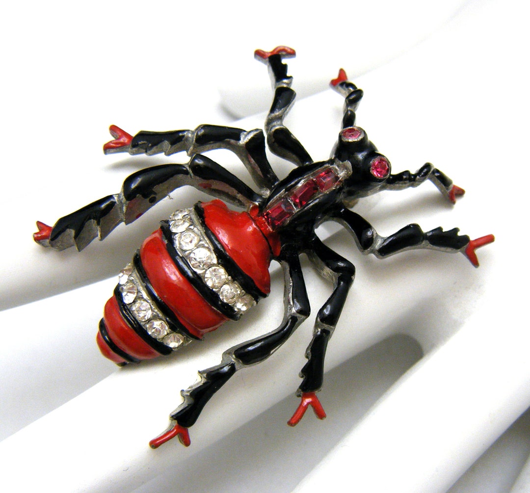 RARE Vintage CORO Enamel Rhinestone Insect Spider Ant Brooch Red Black ...