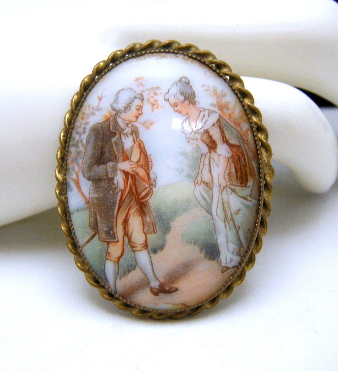 Vintage Colonial Couple Transfer Porcelain Brooch Textured Gold Tone - Etsy