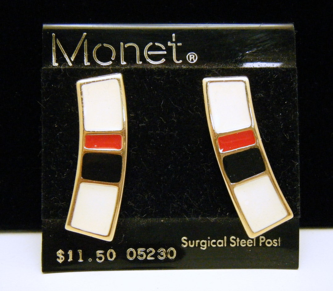Vintage Monet White Black Red Enamel Post Back Earrings Original Card ...