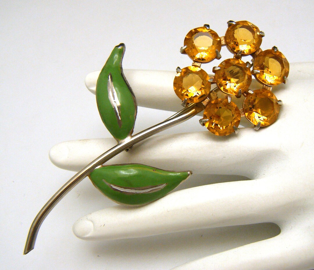 Large Vintage Flower Brooch Topaz Glass Green Enamel Leaves 3 7/8" - Etsy