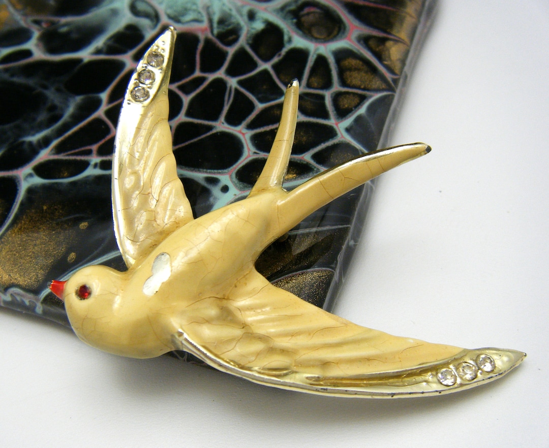 Rare Vintage Enamel Rhinestone Swallow Bird Brooch Marked Coro Des Pat ...