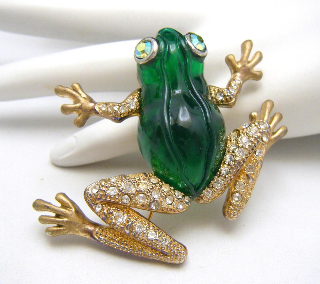 Super Cute Vintage Figural Frog Jelly Lucite Body Brooch Rhinestones ...