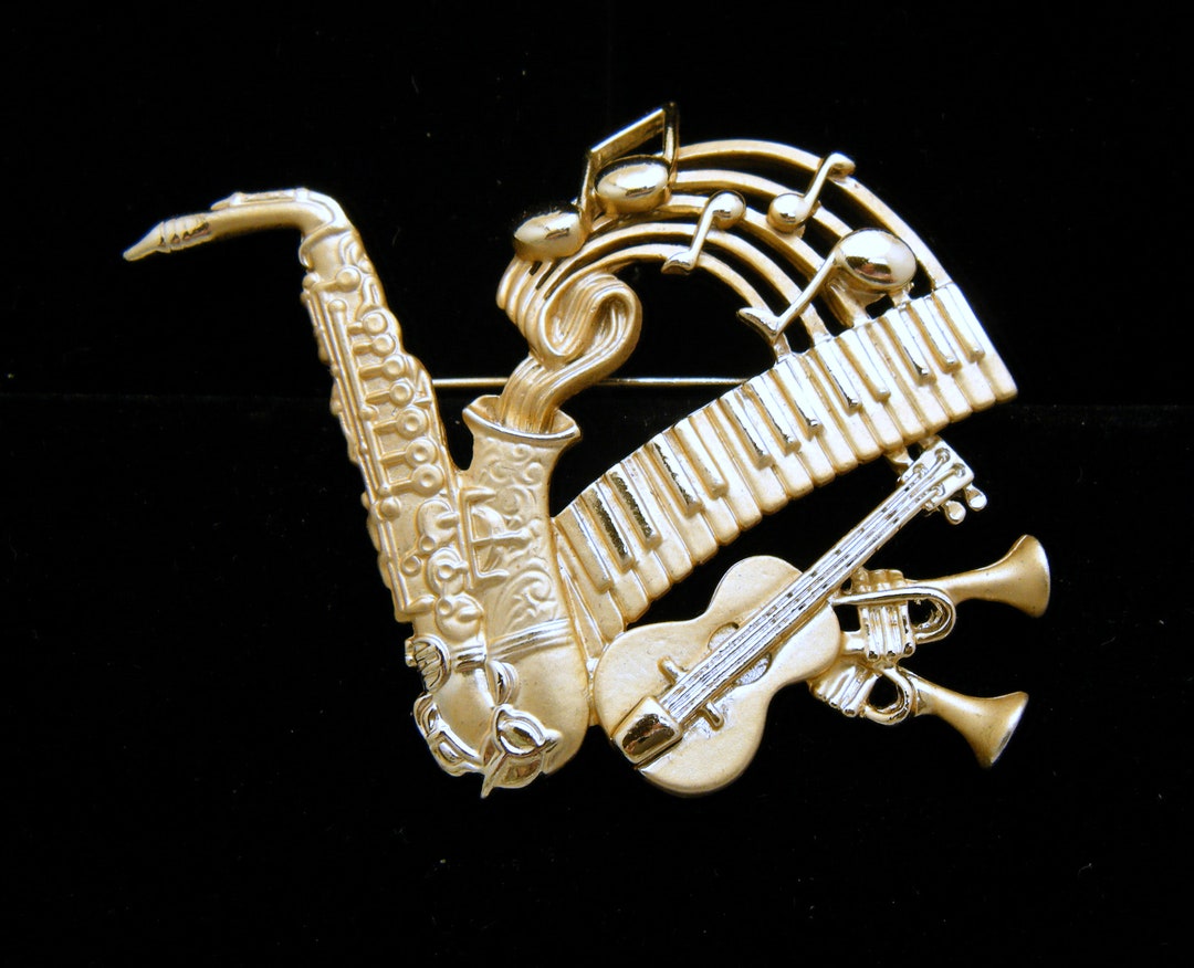 Broche vintage pour instruments de musique jazz, ton doré, signée AJC ...