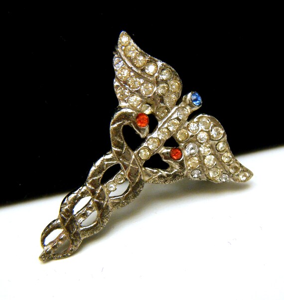 Art Deco KTF Trifari Rhinestone Caduceus Pin Silver T… - Gem