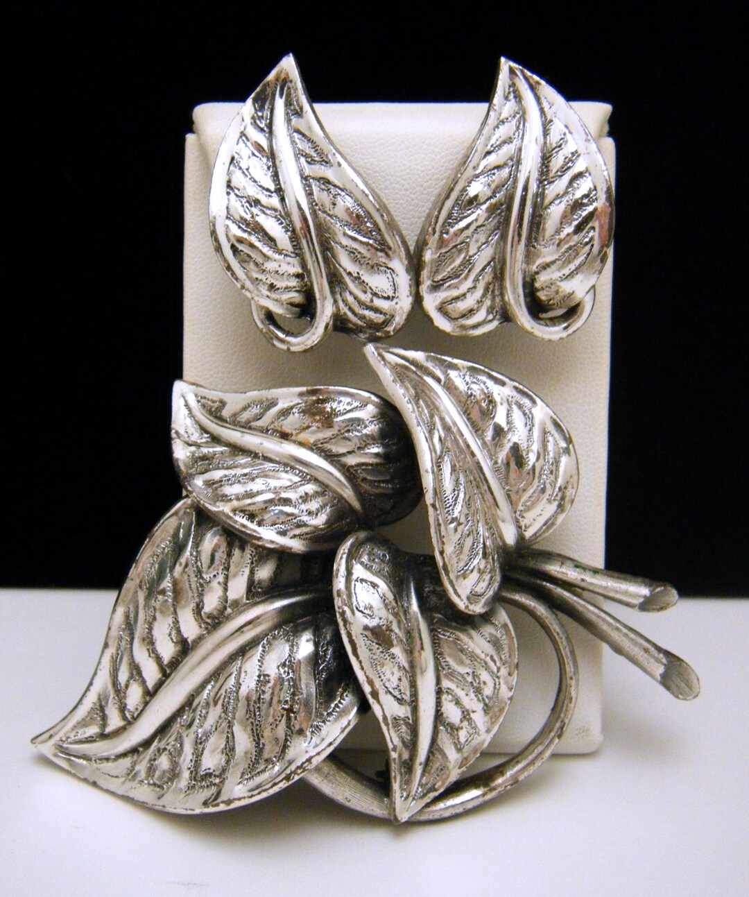Vintage Signed Tortolani Brooch Earrings Set Silver Tone Ivy Leaf ...