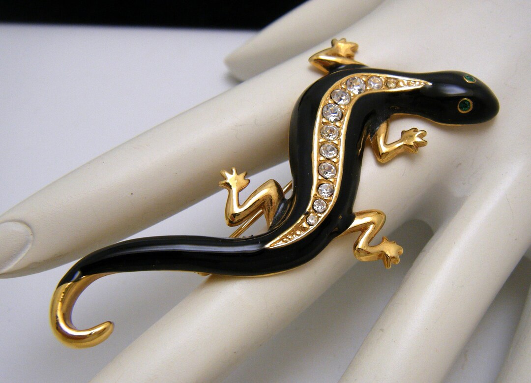 Vintage Avon Black Enamel Lizard Pin Brooch Rhinestones Gold Tone - Etsy