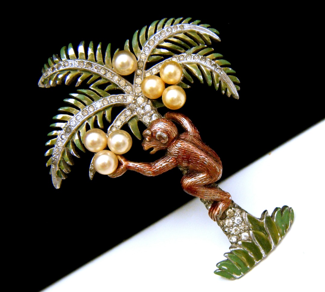 Fabulous Vintage Dujay Figural Monkey Coconut Tree Brooch Rhinestones ...