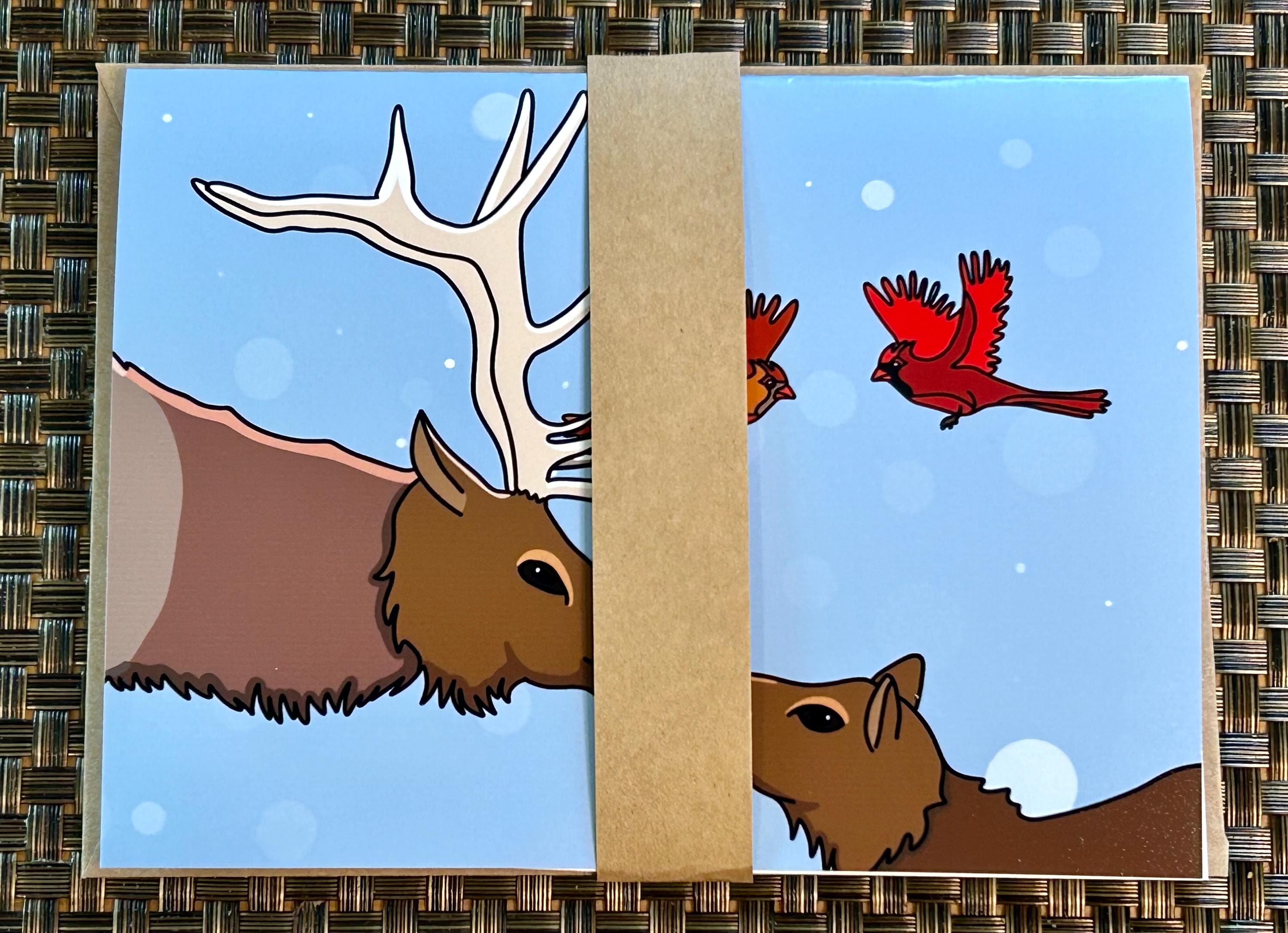 Nature Christmas/ Holiday Card Elk and Northern Cardinals 5”x7” Blank ...
