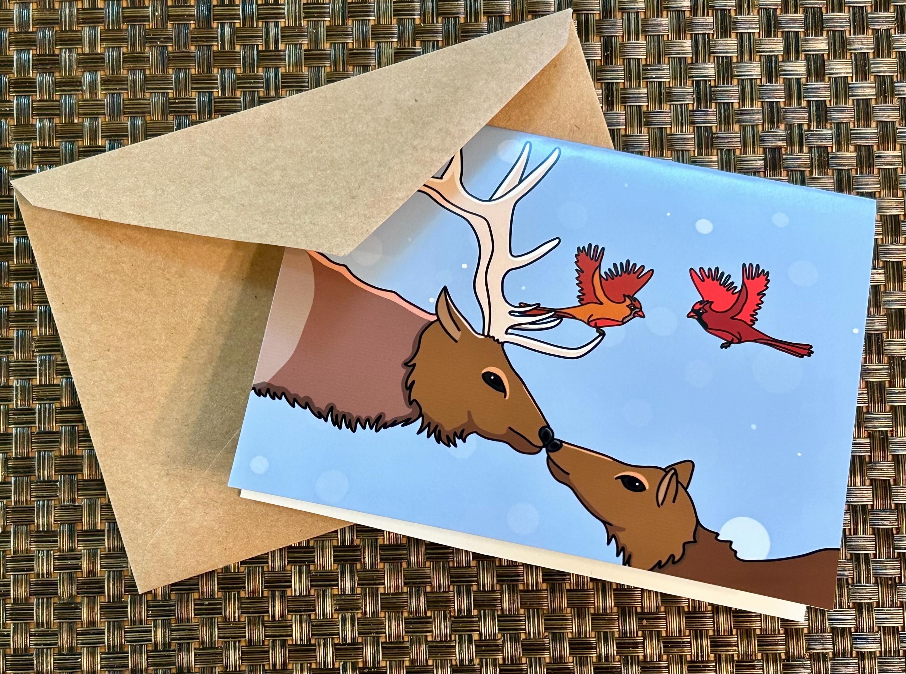 Nature Christmas/ Holiday Card Elk and Northern Cardinals 5”x7” Blank ...