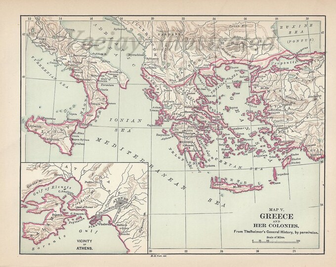 Antique 1885 Map of Greece and Her Colonies, Vintage Map of the Ancient ...