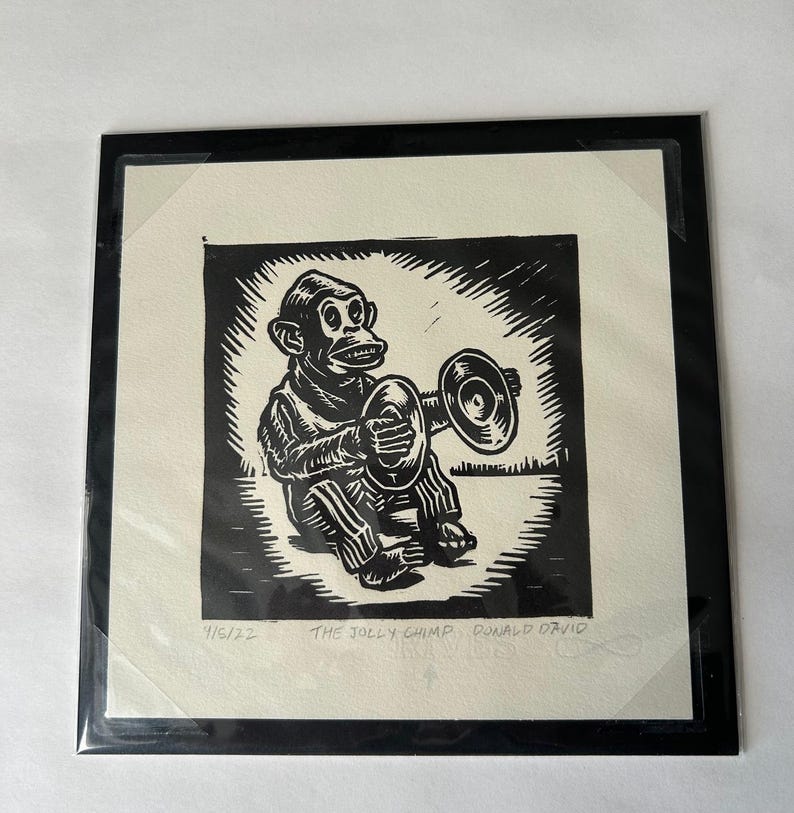 Cymbal Smashing Monkey Toy Linocut by Donald David - Etsy