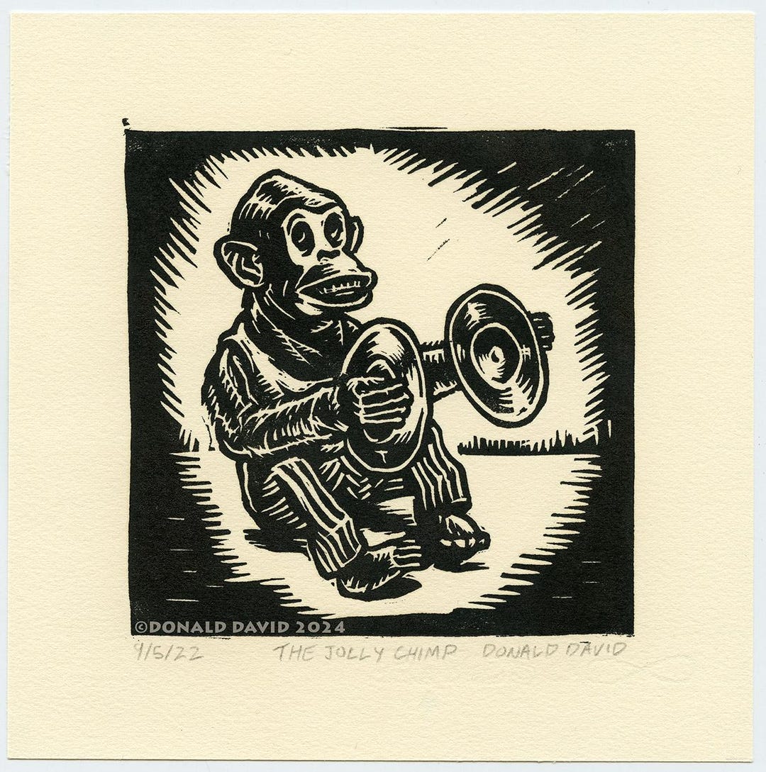 Cymbal Smashing Monkey Toy Linocut by Donald David - Etsy
