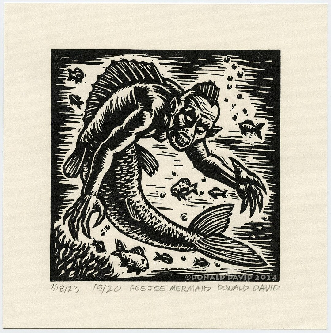 Feejee Mermaid Linocut Print by Donald David - Etsy