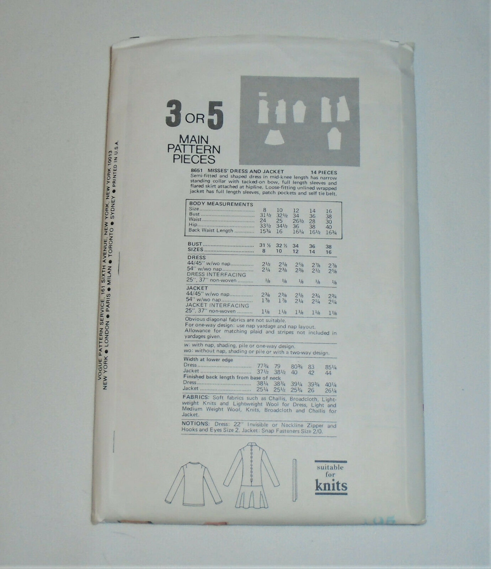 1973 Vogue Pattern Very Easy #8651 Size 12 Bust 34 Dress Jacket Uncut ...