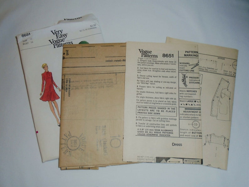 1973 Vogue Pattern Very Easy #8651 Size 12 Bust 34 Dress Jacket Uncut ...