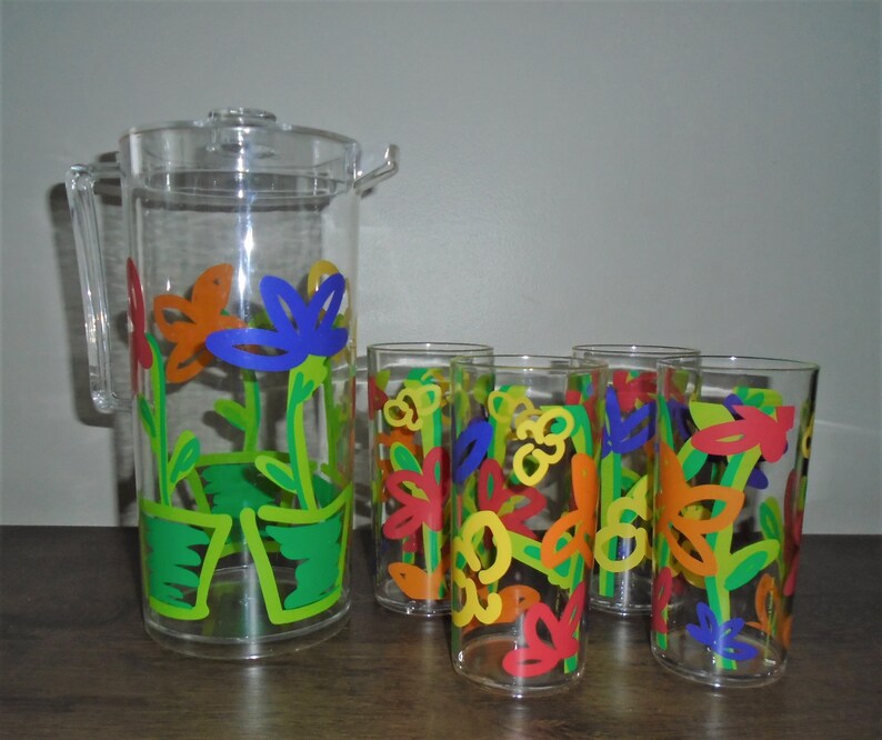 Acrylic Pitcher & 4 Tumblers Summer Flowers 1996 Dayton Hudson - Etsy