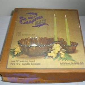Indiana Gold Carnival Glass 3 Piece Console Set #1211 NOS Bowl & Candle ...