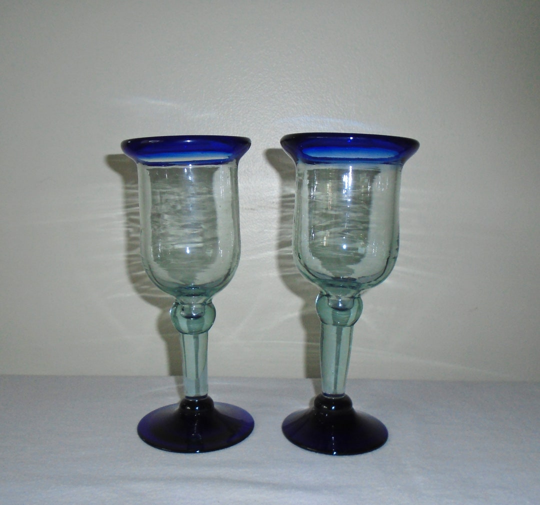 Mexican Wine Glasses Hand Blown Cobalt Blue Glassware Cocktails Set of ...