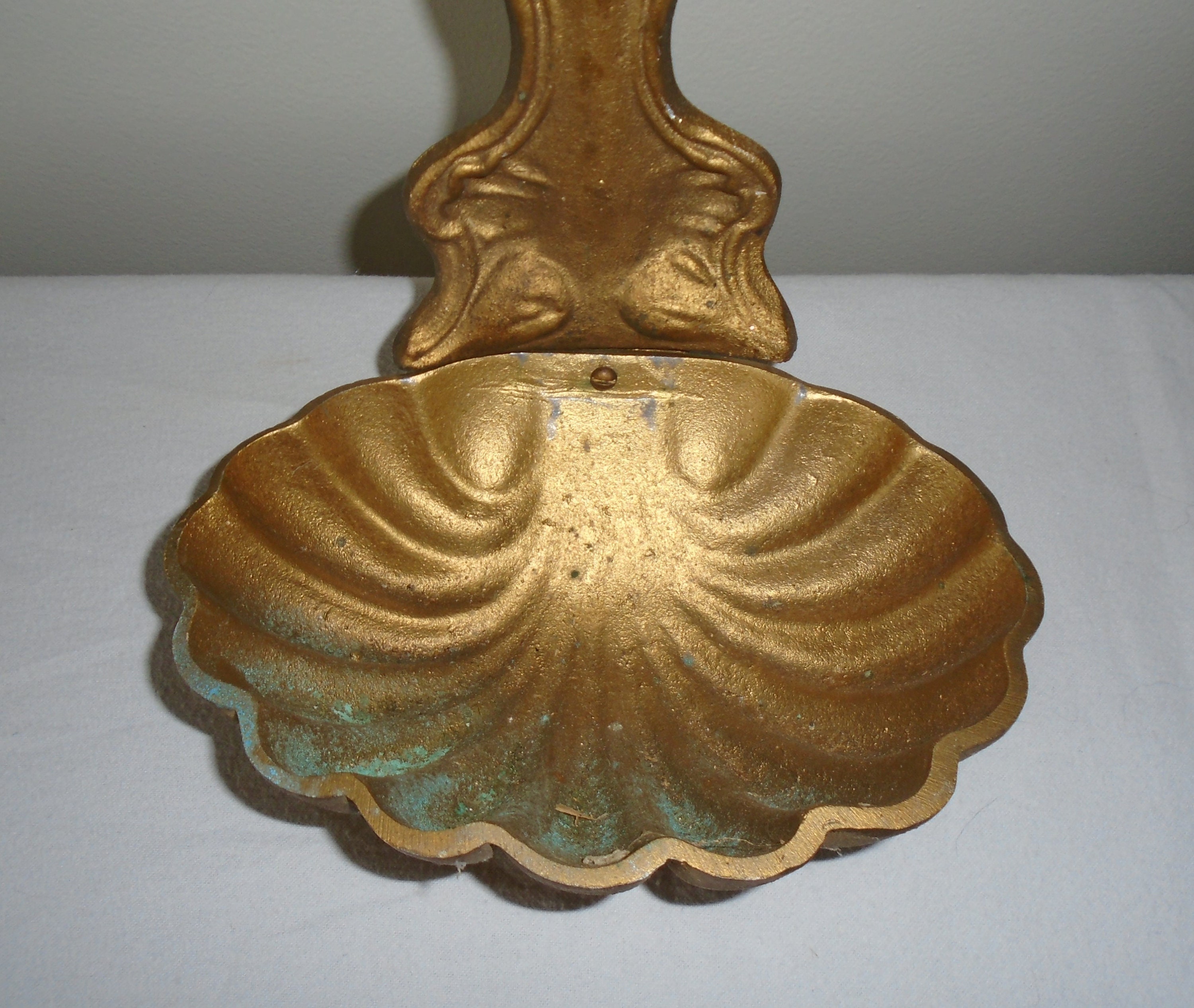 Vintage Holy Water Font Cast Metal Wall Mount Religious Gold Gilt 25 ...