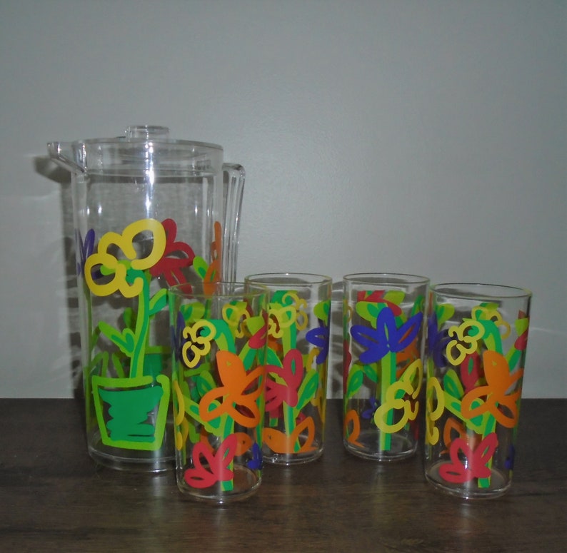 Acrylic Pitcher & 4 Tumblers Summer Flowers 1996 Dayton Hudson - Etsy