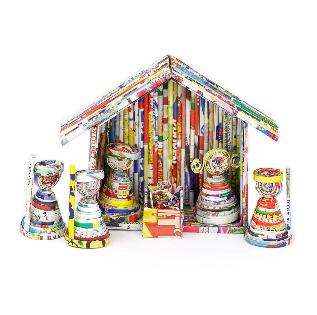 Nativity Set Handmade Decor – Colorful Recycled Paper Christmas Display ...