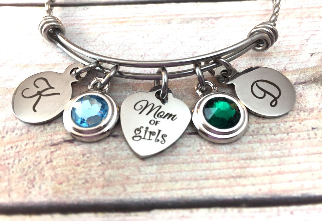 Mom of Girls Bangle Bracelet, Gift From Daughter's, Initial Charm ...