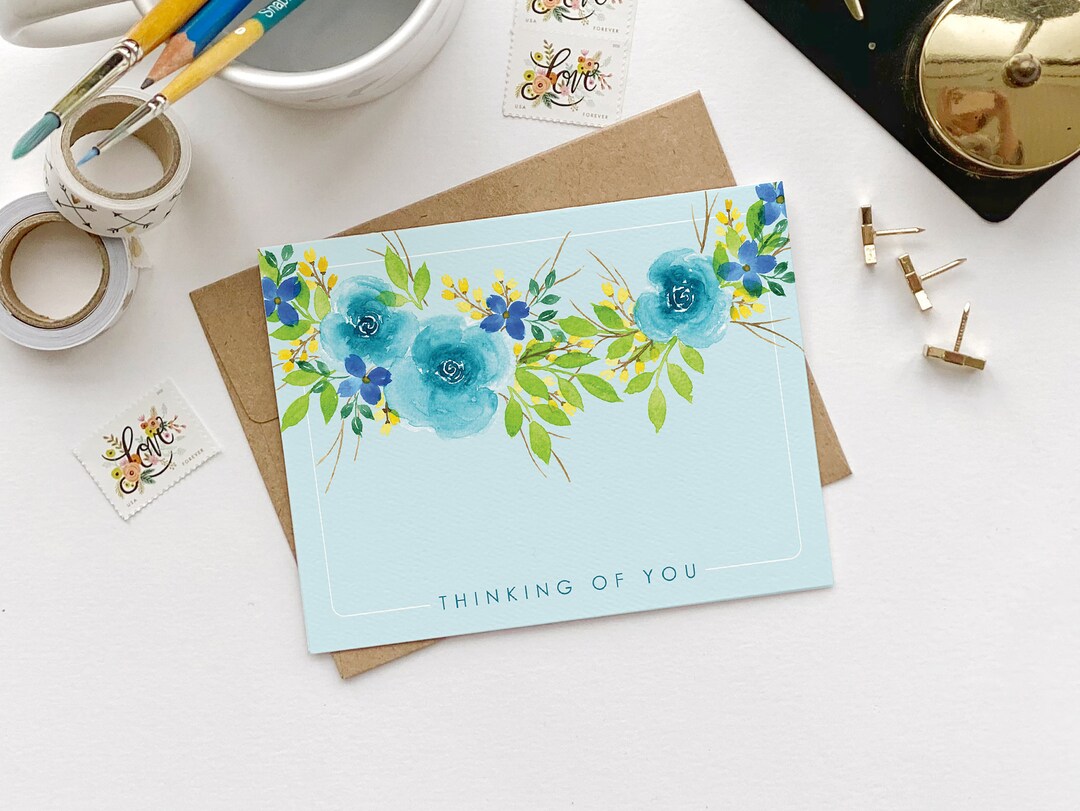 Blue Floral Thinking of You Note Cards, Blank Greeting Card - Etsy