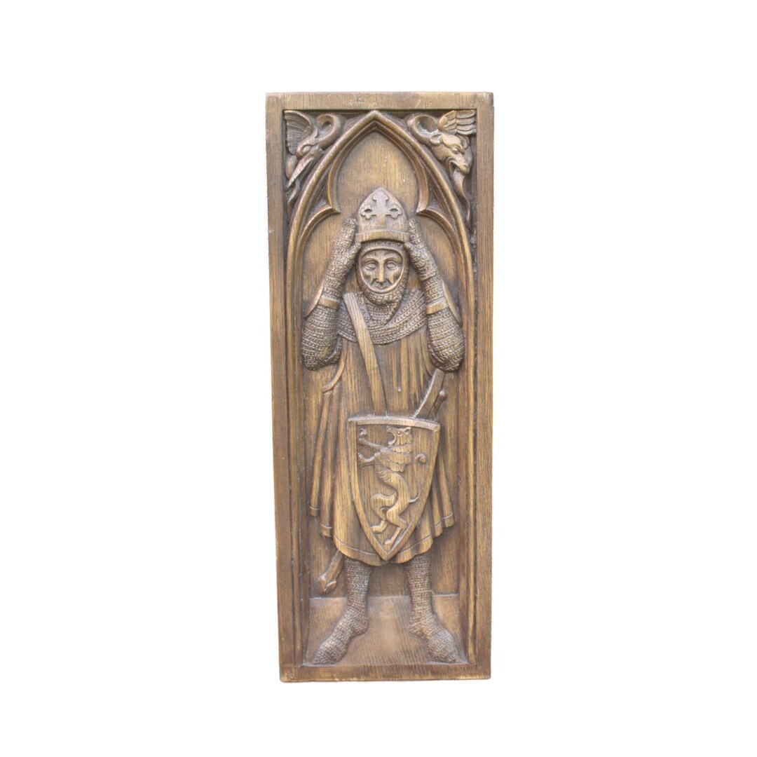 Vintage Knight Carved Faux Wood Panel 23,43 X 8,58 Inch With Coat of ...