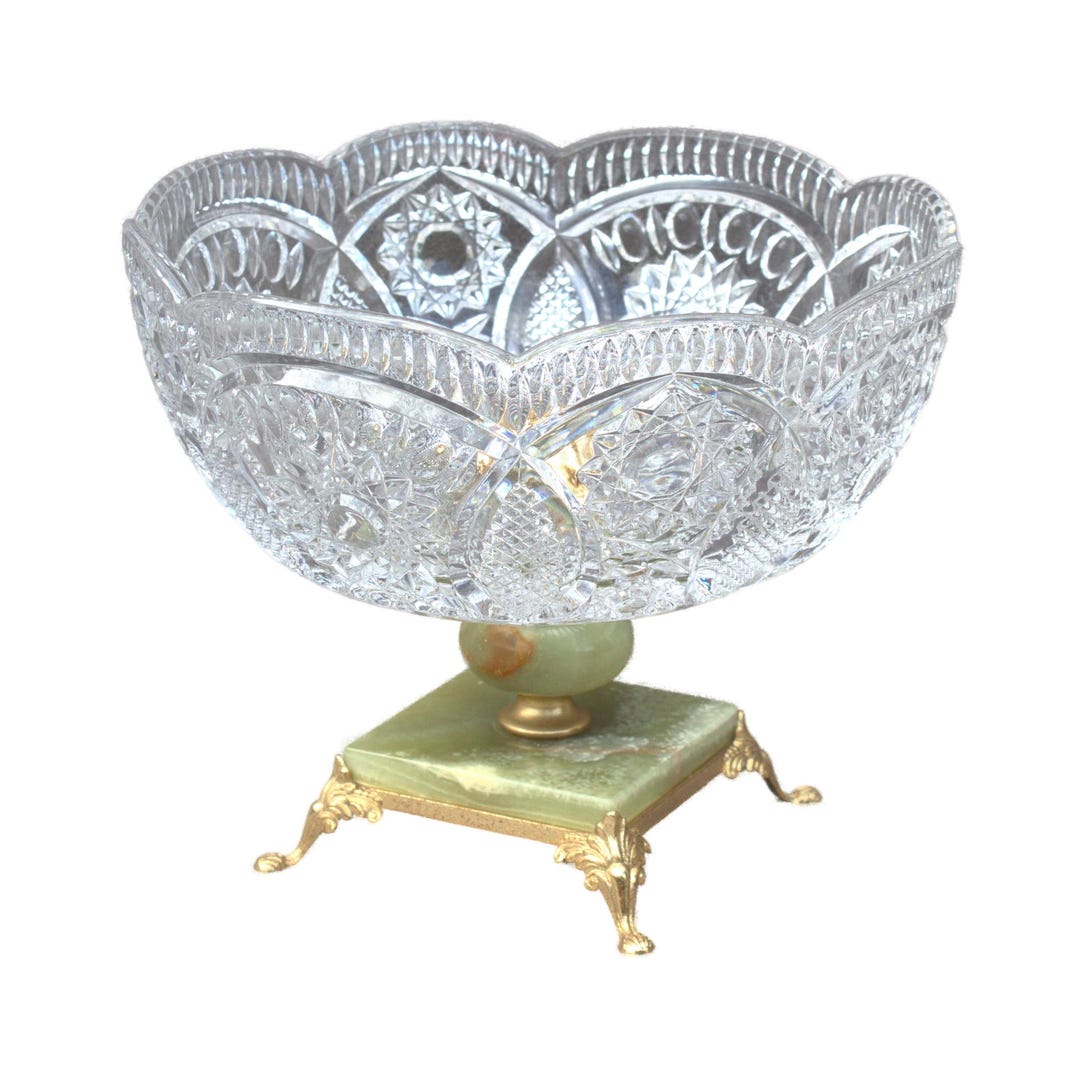Mid Century Glas Cutted Fruit Bowl Brass Colored Ornate Legs and Onyx ...