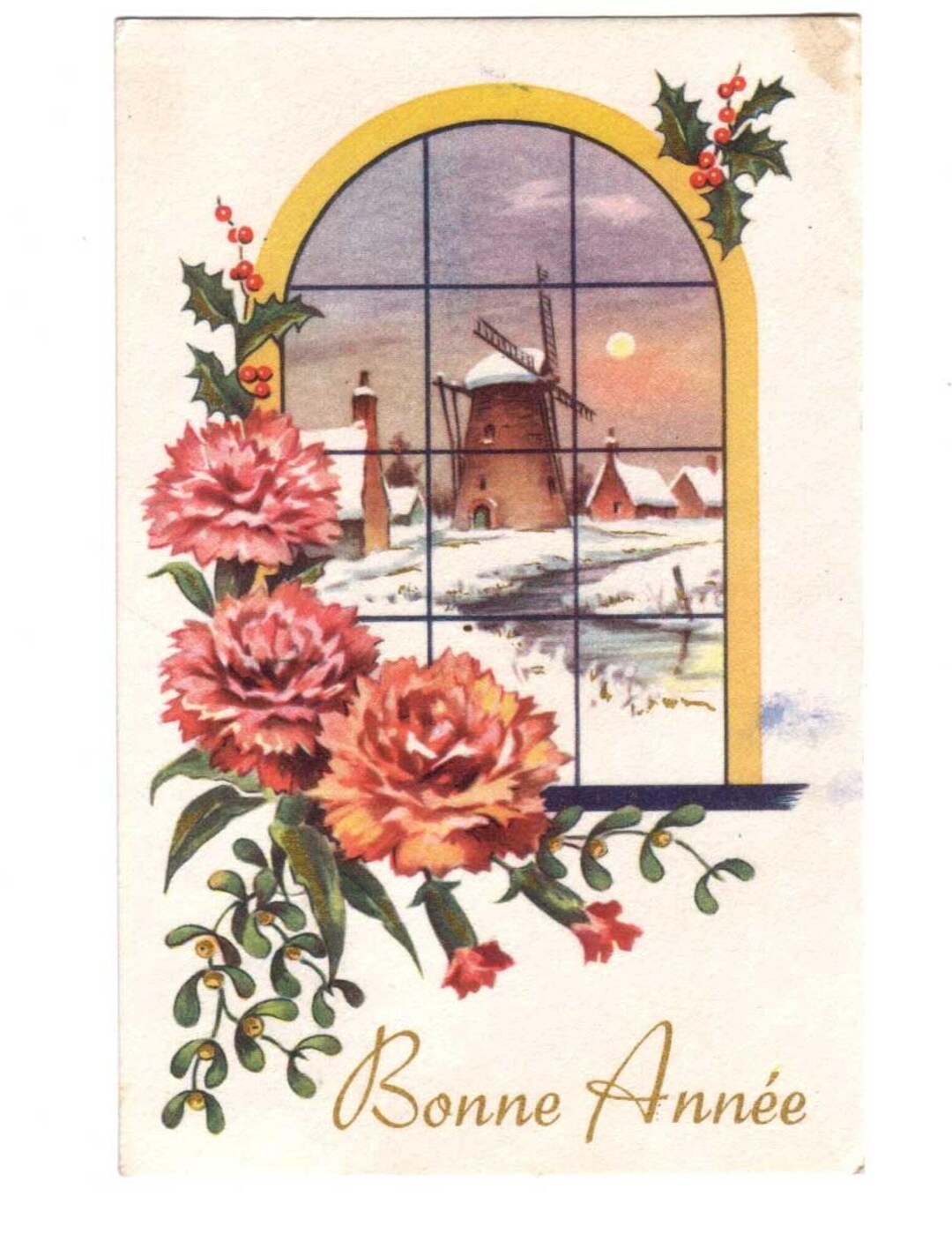 Vintage French Postcard Happy New Year Bonne Anee Windmill With Flowers ...